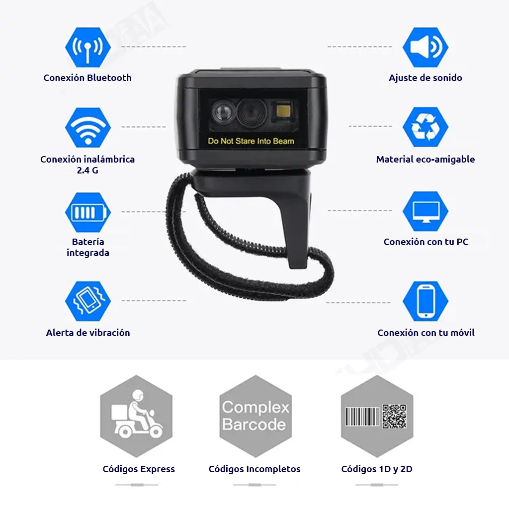 Lector código de barras Anillo portátil 1D 2D Bluetooth Wireless YHD ...